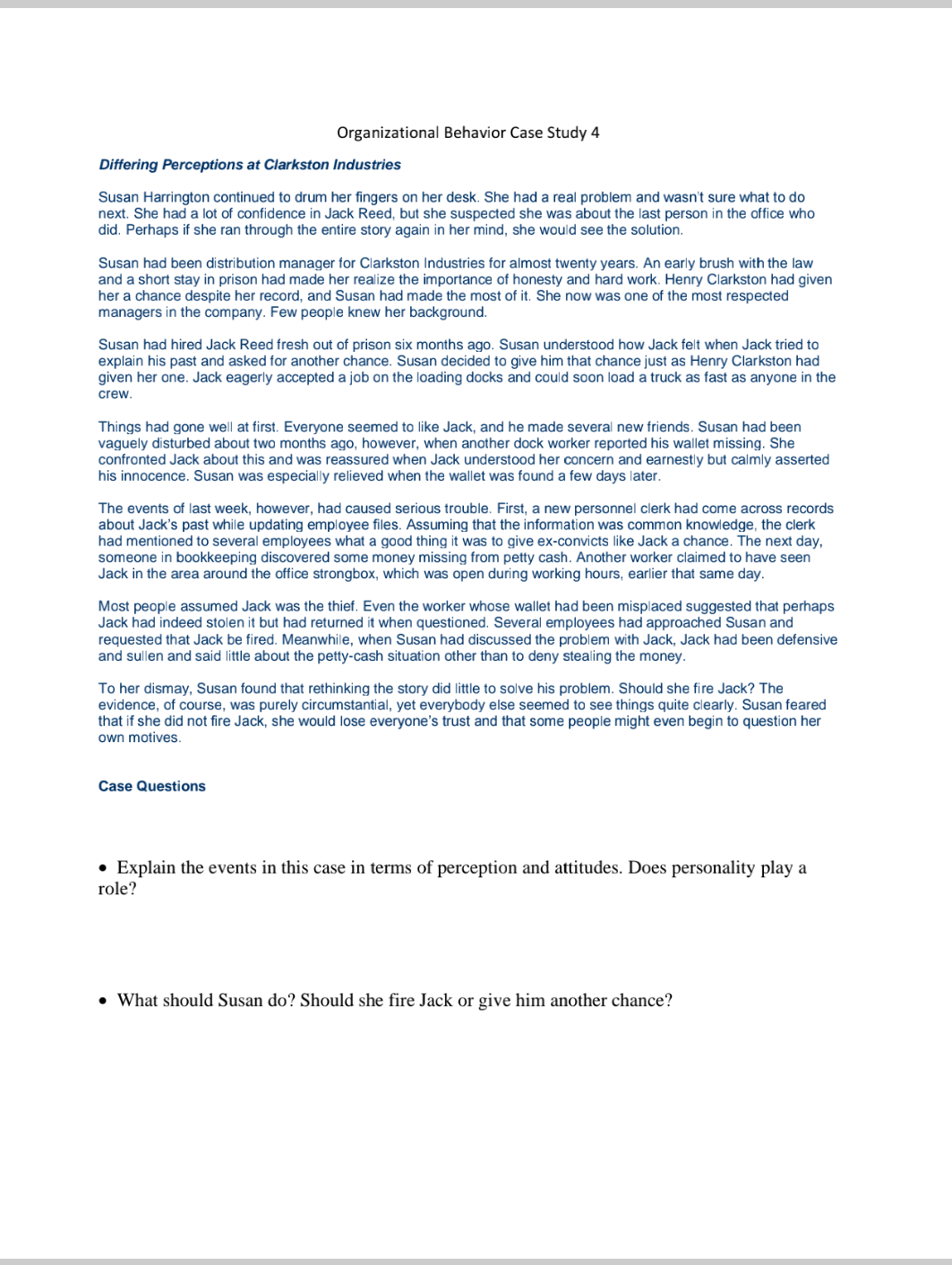 Solved Organizational Behavior Case Study 4 Differing | Chegg.com