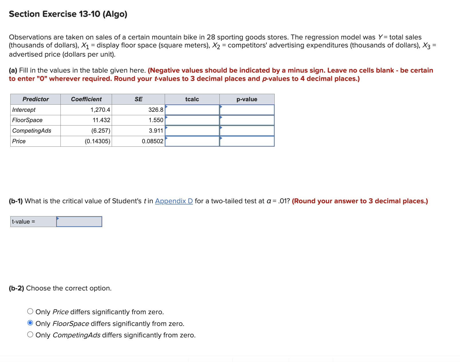 Solved Section Exercise 13-10 (Algo)Observations are taken | Chegg.com