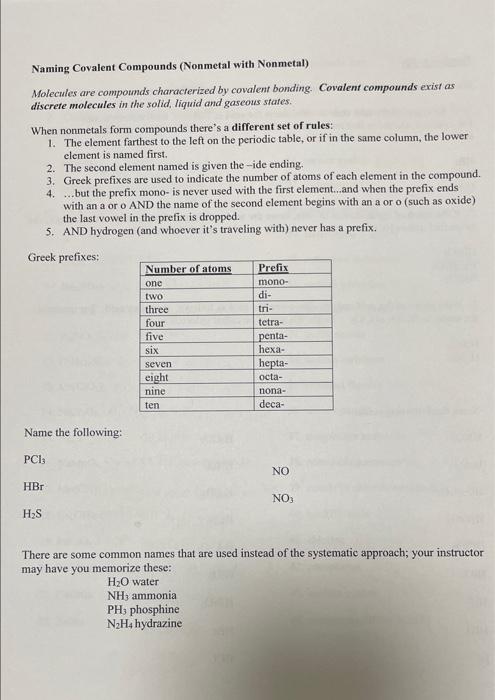 Solved Covalent Nomenclature Practice Give the formula for | Chegg.com