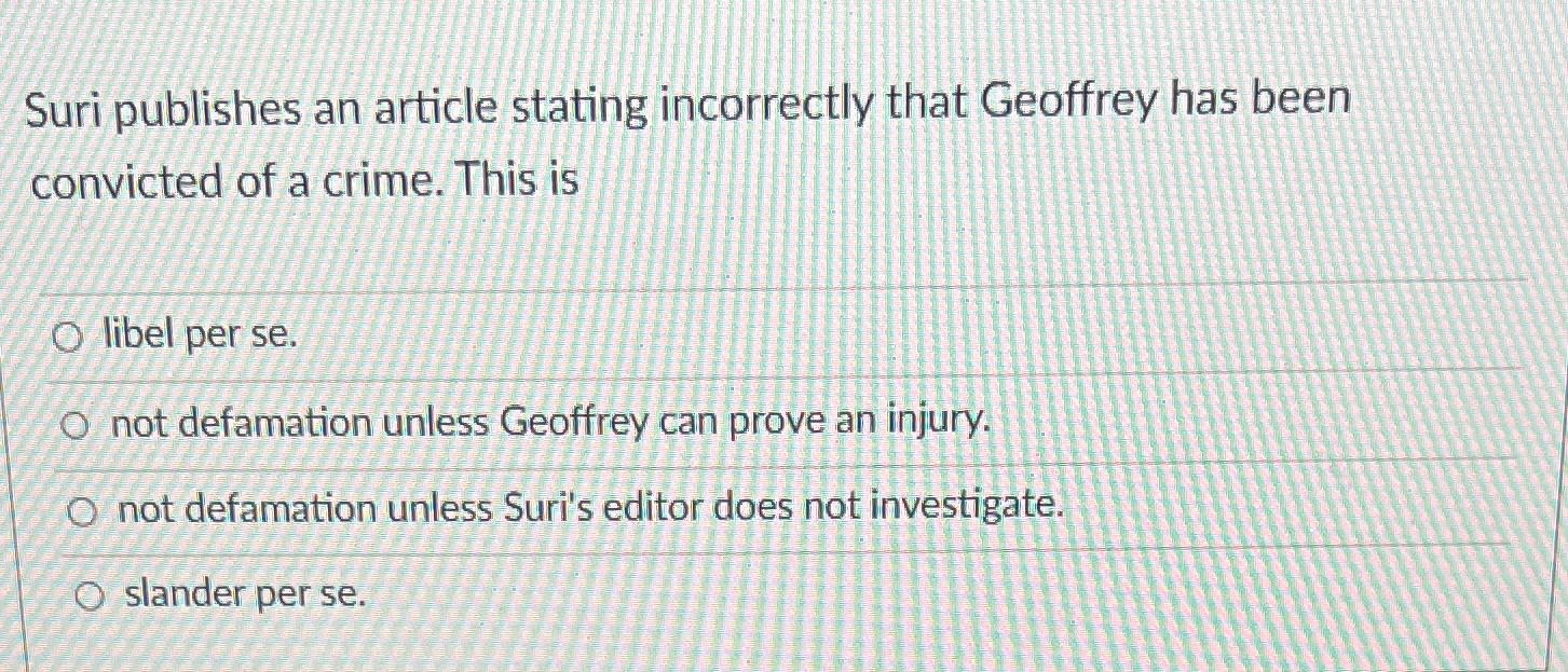 Solved Suri publishes an article stating incorrectly that | Chegg.com