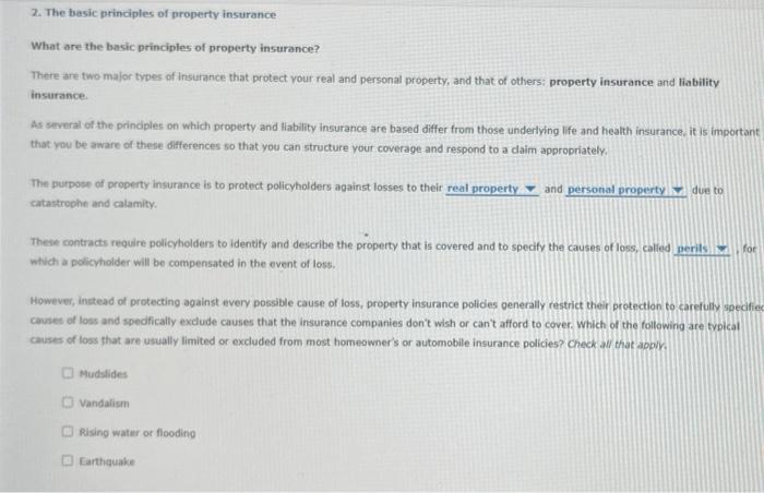 Solved 2. The basic principles of property insurance What | Chegg.com