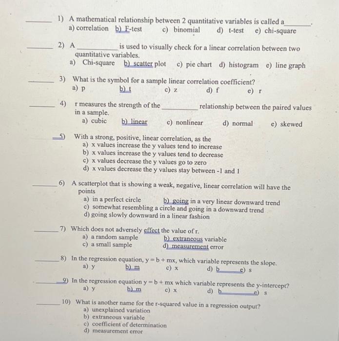 Solved 1) A mathematical relationship between 2 quantitative | Chegg.com