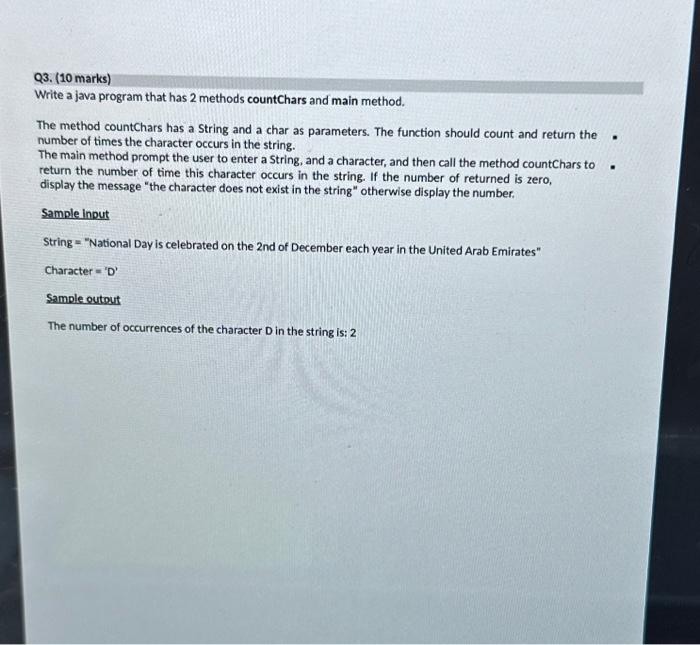 Solved Write a java program that has 2 methods countChars | Chegg.com