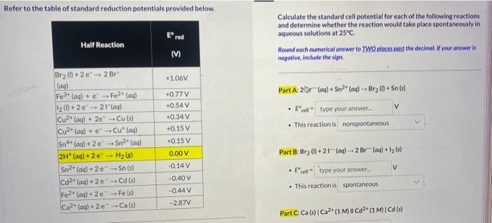 Refer to the table of standard reduction potentials | Chegg.com