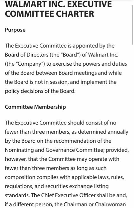Solved WALMART INC. EXECUTIVE COMMITTEE CHARTER Purpose The | Chegg.com
