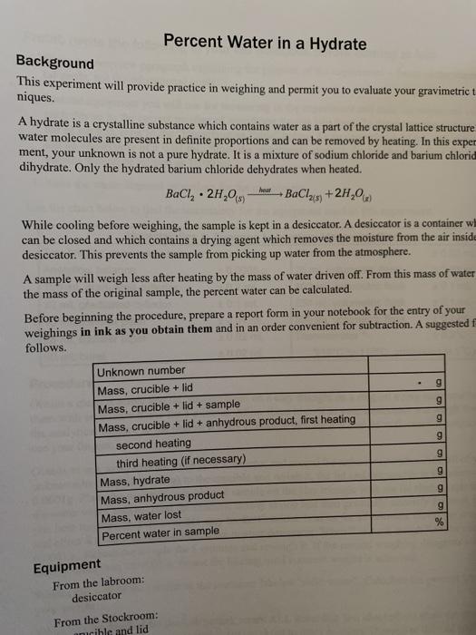 Solved Percent Water in a Hydrate Background This experiment | Chegg.com