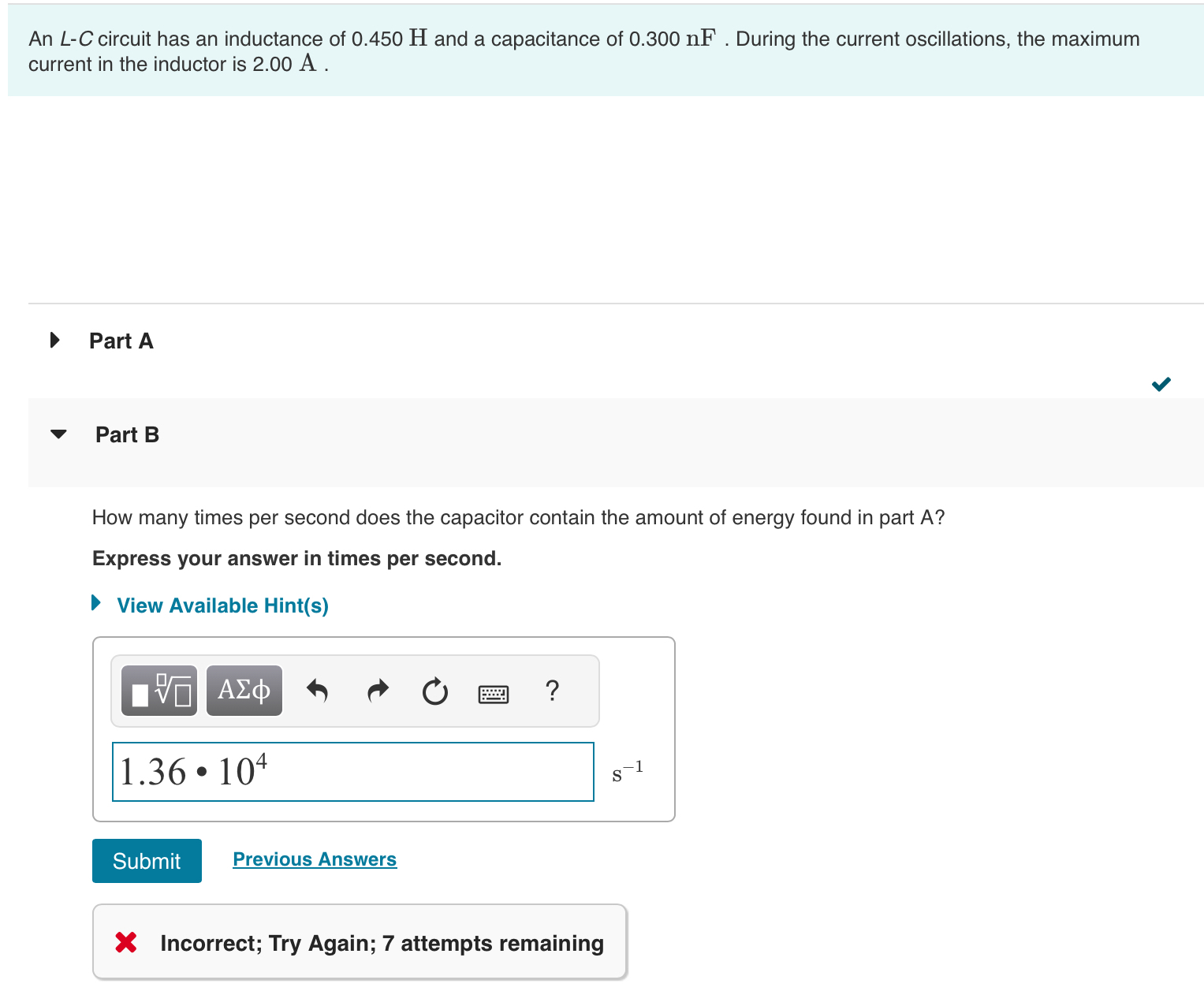 Solved An L-C ﻿circuit has an inductance of 0.450H ﻿and a | Chegg.com