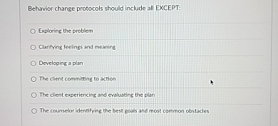 Solved Behavior change protocols should include all | Chegg.com