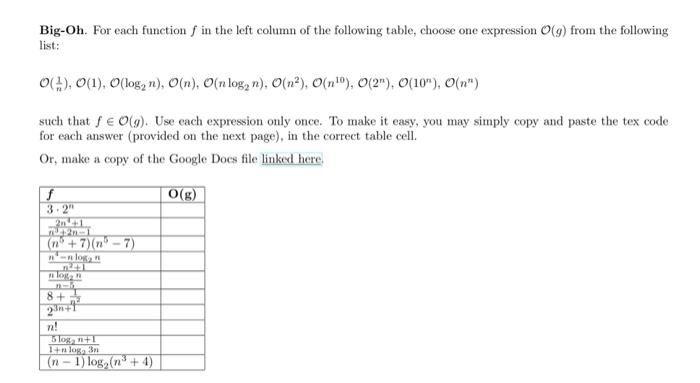 Solved Big-Oh. For each function f in the left column of the | Chegg.com