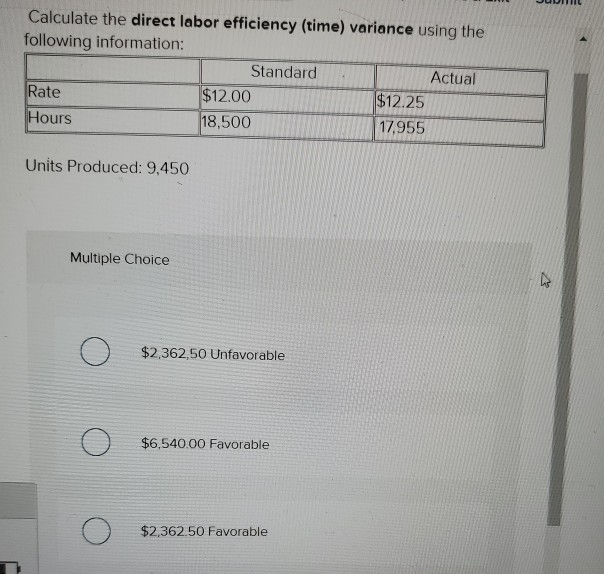 Solved Calculate the direct labor efficiency (time) variance | Chegg.com