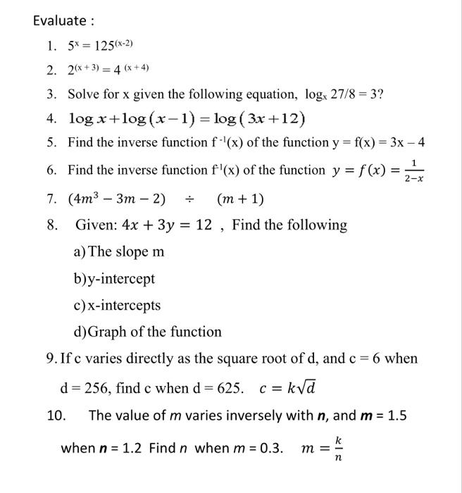 Solved 2-X Evaluate : 1. 5x = 125(x-2) 2. 2(x + 3) = 4(x + | Chegg.com