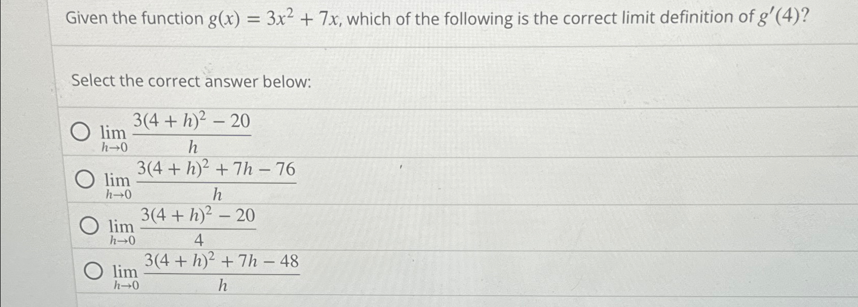 Solved Given the function g(x)=3x2+7x, ﻿which of the | Chegg.com