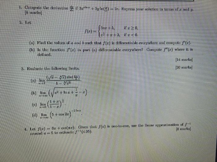 Solved 1. Compute the derivative dxdy if 3a sinw | Chegg.com