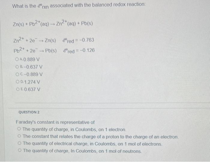 Solved What is the ε∘rxn associated with the balanced redox | Chegg.com