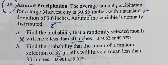 Solved 21. Annual Precipitation The average annual | Chegg.com