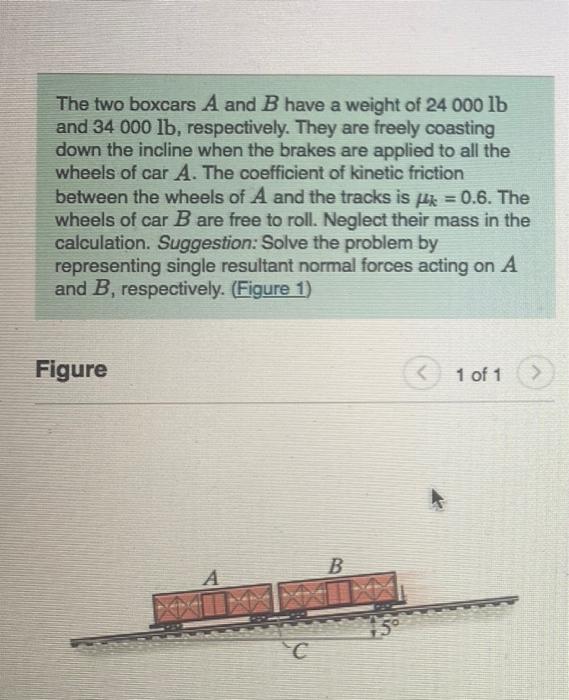 Solved The two boxcars A and B have a weight of 24 000 lb | Chegg.com