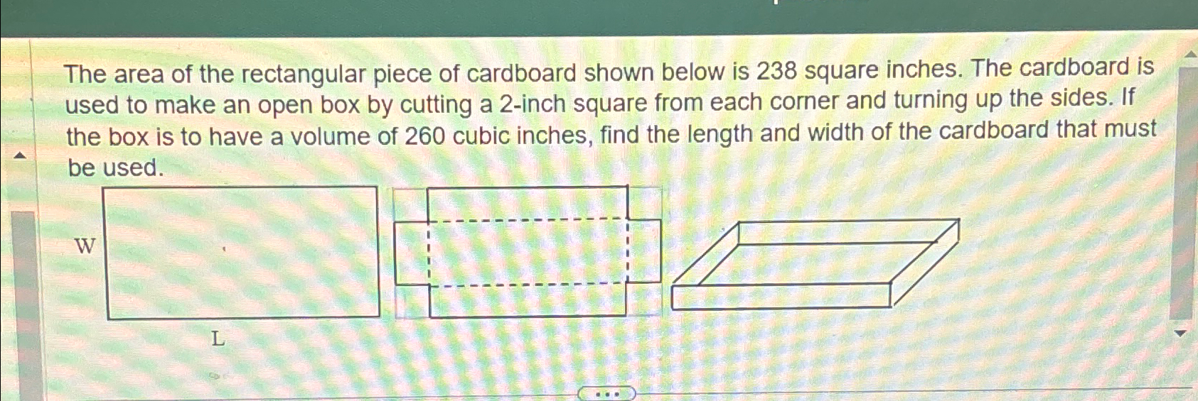 Solved The area of the rectangular piece of cardboard shown | Chegg.com