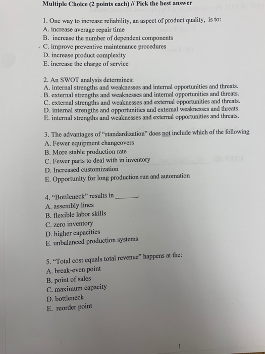 Solved Multiple Choice (2 points each) // Pick the best | Chegg.com