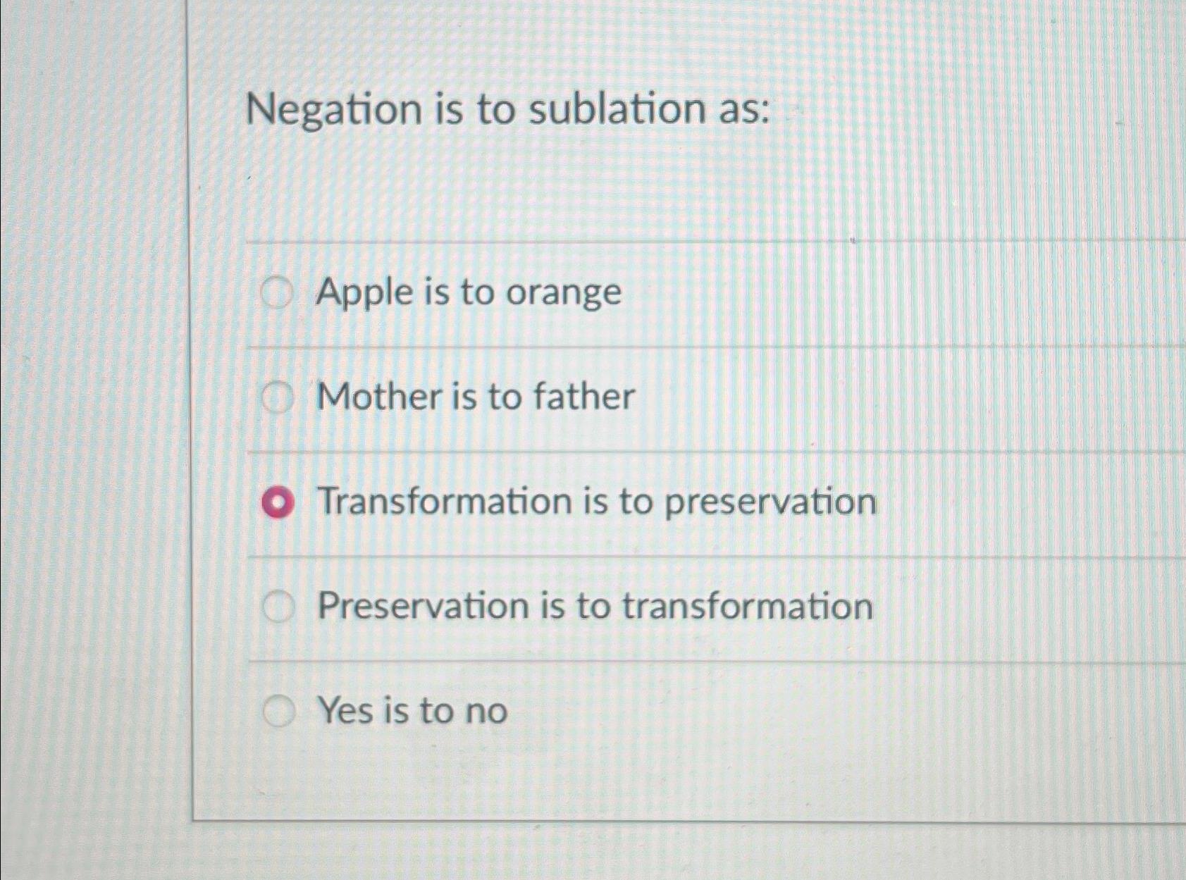 Solved Negation is to sublation as:Apple is to orangeMother | Chegg.com