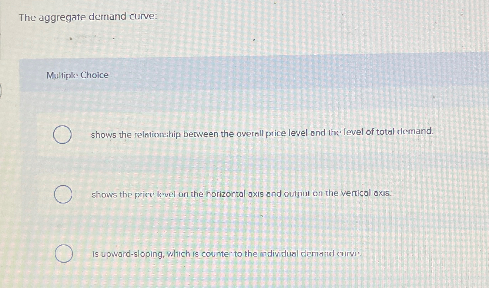 Solved The aggregate demand curve:Multiple Choice ﻿shows | Chegg.com