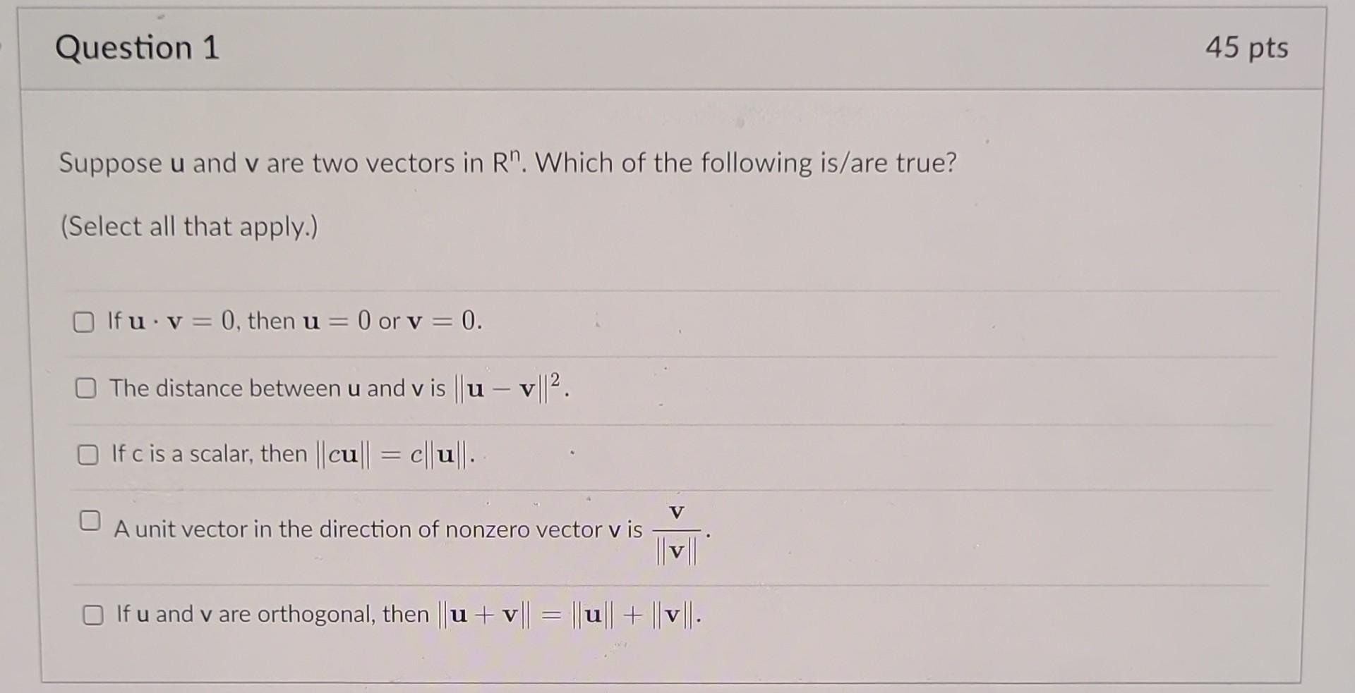 Solved Suppose u and v are two vectors in Rn. Which of the | Chegg.com