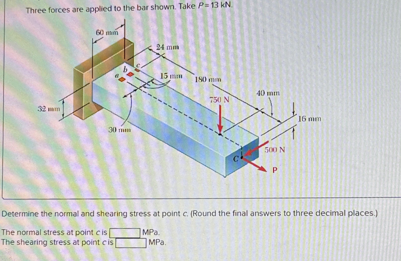 Solved Three forces are applied to the bar shown. Take | Chegg.com
