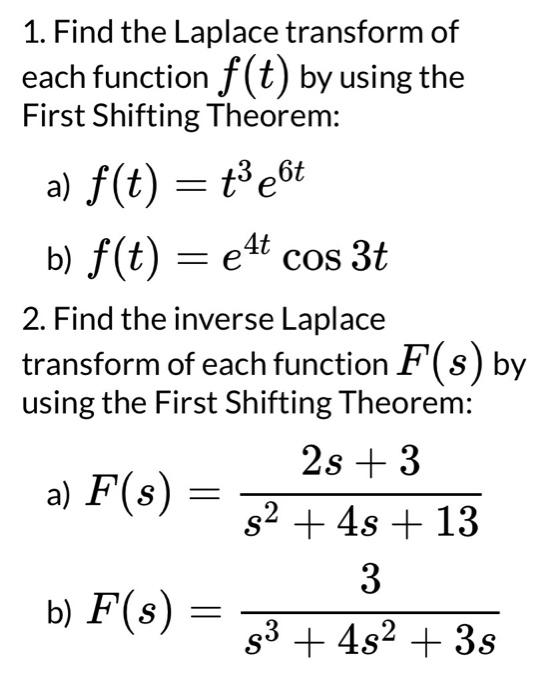 Solved 1. Find the Laplace transform of each function f(t) | Chegg.com
