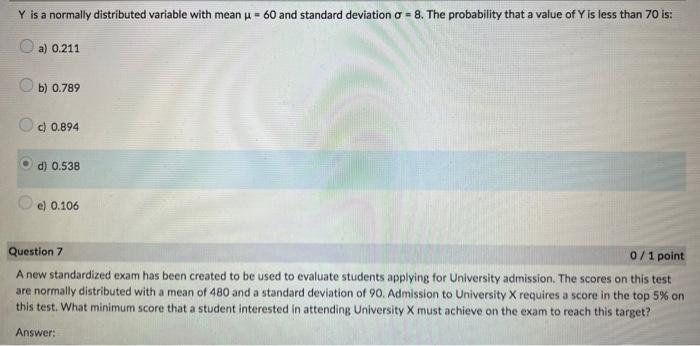 Solved Y is a normally distributed variable with mean μ=60 | Chegg.com