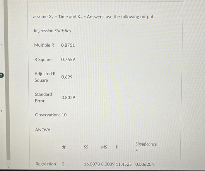 assume X1= Time and X2= Answers, use the following | Chegg.com