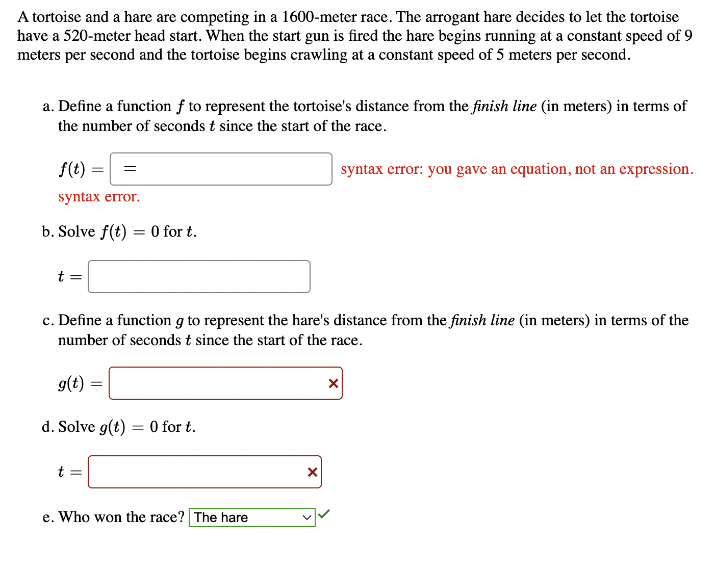 Solved A tortoise and a hare are competing in a 1600-meter | Chegg.com