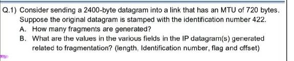 Solved Q.1) Consider sending a 2400 -byte datagram into a | Chegg.com Solved Q.1) Consider sending a 2400 -byte datagram into a | Chegg.com