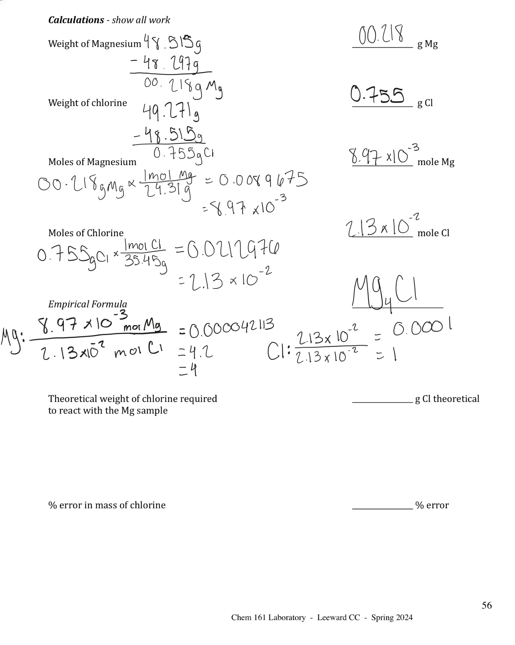 Solved Theoretical weight of chlorine required . gCl | Chegg.com
