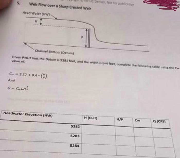 Solved 5. Weir Flow over a Sharo Crawad w... Given P=0.7 | Chegg.com