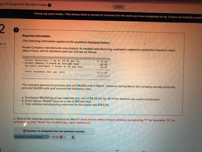 Solved pter 10 Assignment (Standard Costs) Check my work | Chegg.com