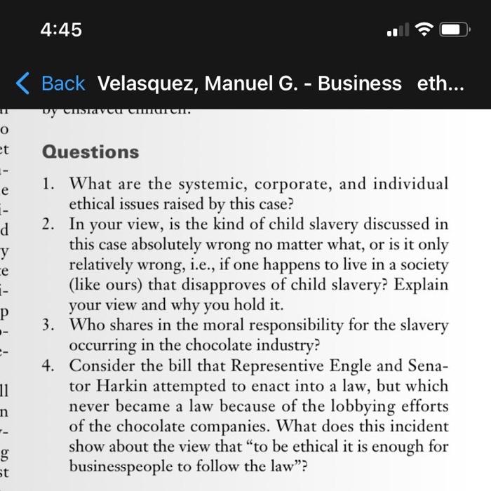 Solved 4:45 Back Velasquez, Manuel G. - Business eth... | Chegg.com