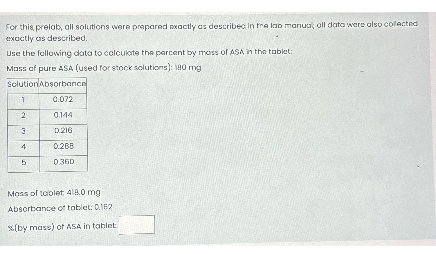 Solved For this prelab, all solutions were prepared exactly | Chegg.com
