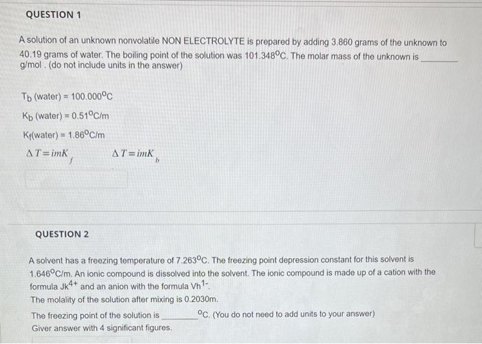 Solved A solution of an unknown nonvolatile NON ELECTROLYTE | Chegg.com