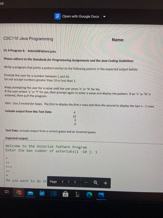 Solved AB Open with Google Docs CSC110 Java Programming | Chegg.com