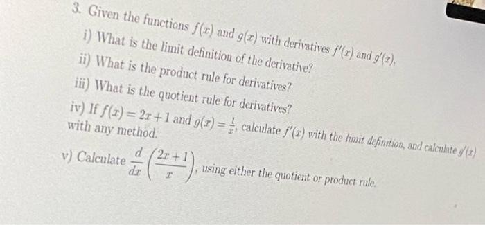 Solved 3. Given the functions f(x) and g(x) with derivatives | Chegg.com