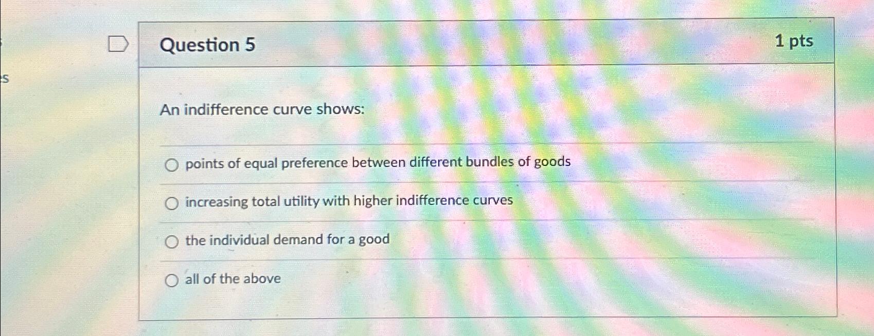 Solved Question 51 ﻿ptsAn indifference curve shows:points of | Chegg.com