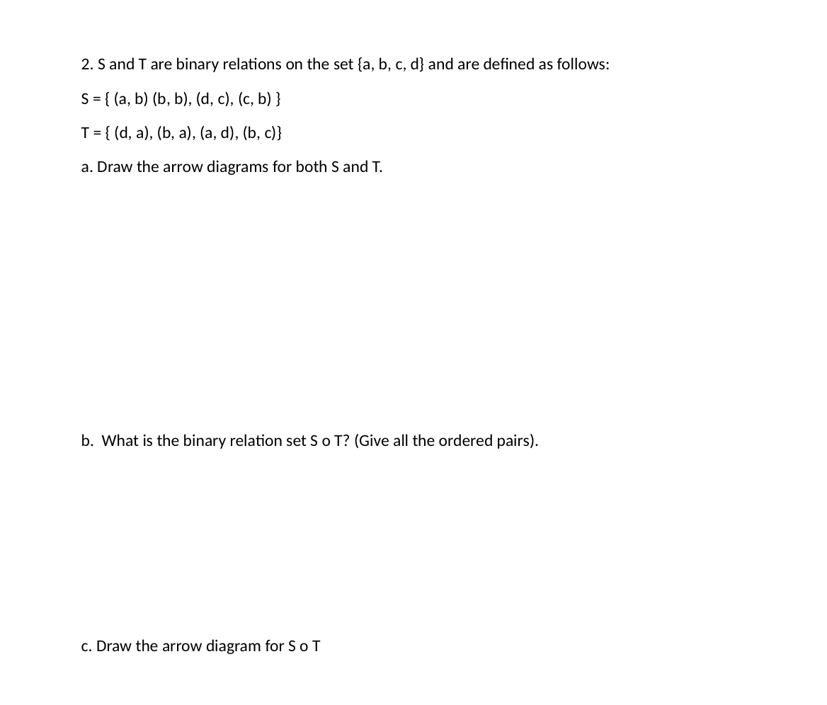 Solved S ﻿and T ﻿are binary relations on the set {a,b,c,d} | Chegg.com