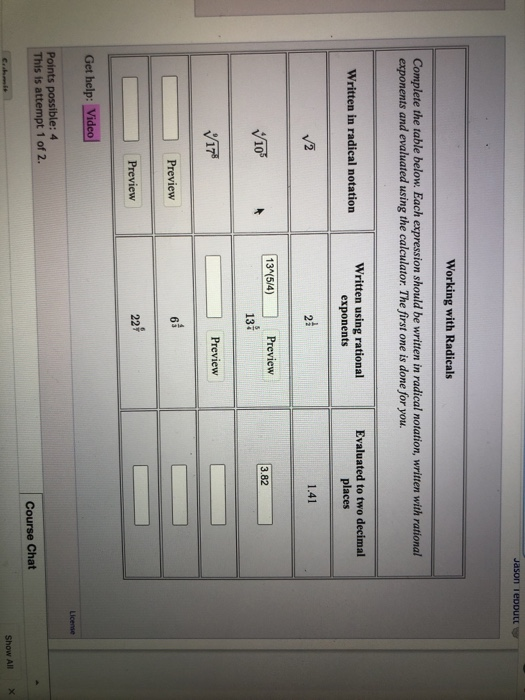 Solved Jason Teppur Working with Radicals Complete the table | Chegg.com