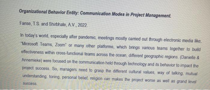 Solved Organizational Behavior Entity: Communication Modes | Chegg.com