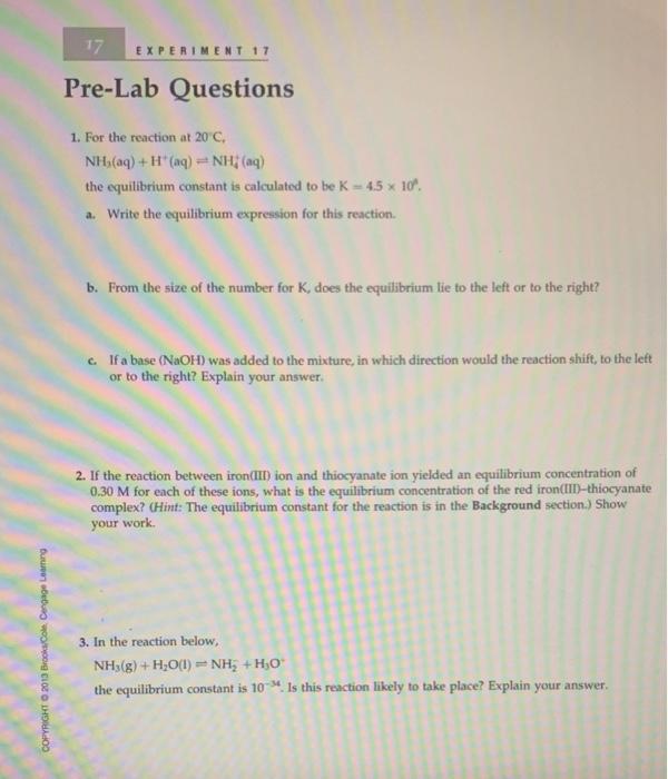 Solved 17 EXPERIMENT 17 Pre-Lab Questions 1. For the | Chegg.com