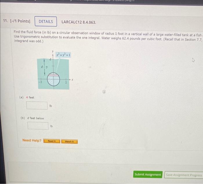 Find the fluid force (in lb) on a circular | Chegg.com