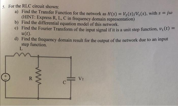 Solved 5. For the RLC circuit shown: a) Find the Transfer | Chegg.com