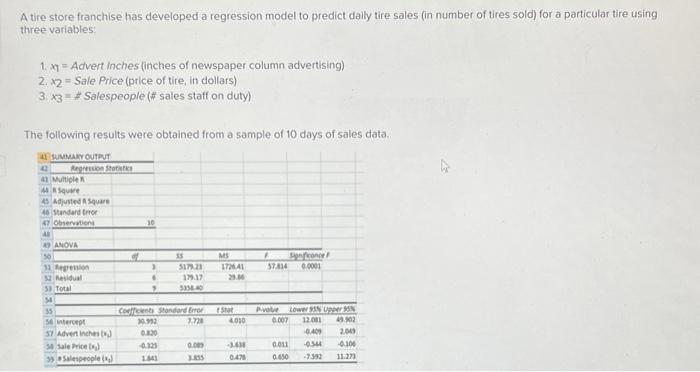 Solved A tire store franchise has developed a regression | Chegg.com