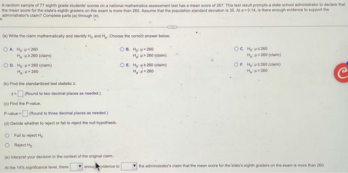 Solved A random sample of 77 eighth grade students' scores | Chegg.com