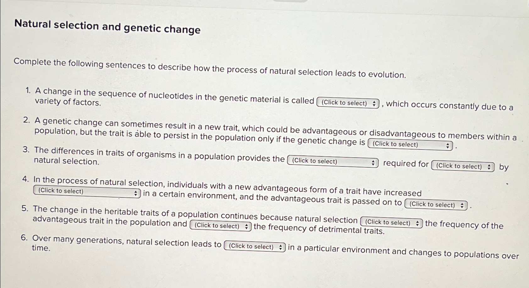 Solved Natural selection and genetic changeComplete the | Chegg.com