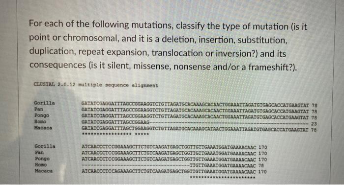 Solved For each of the following mutations, classify the | Chegg.com
